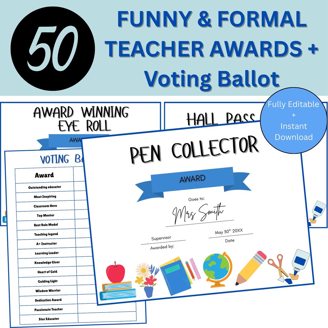 Funny & Formal Teacher Awards: 50 Printable Certificates (editable PDF ...