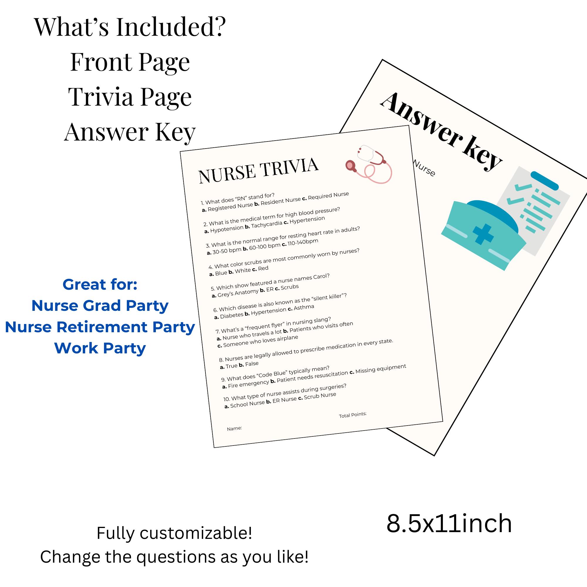 Nurse Trivia Game Printable Nurse Appreciation Party Game, Medical ...