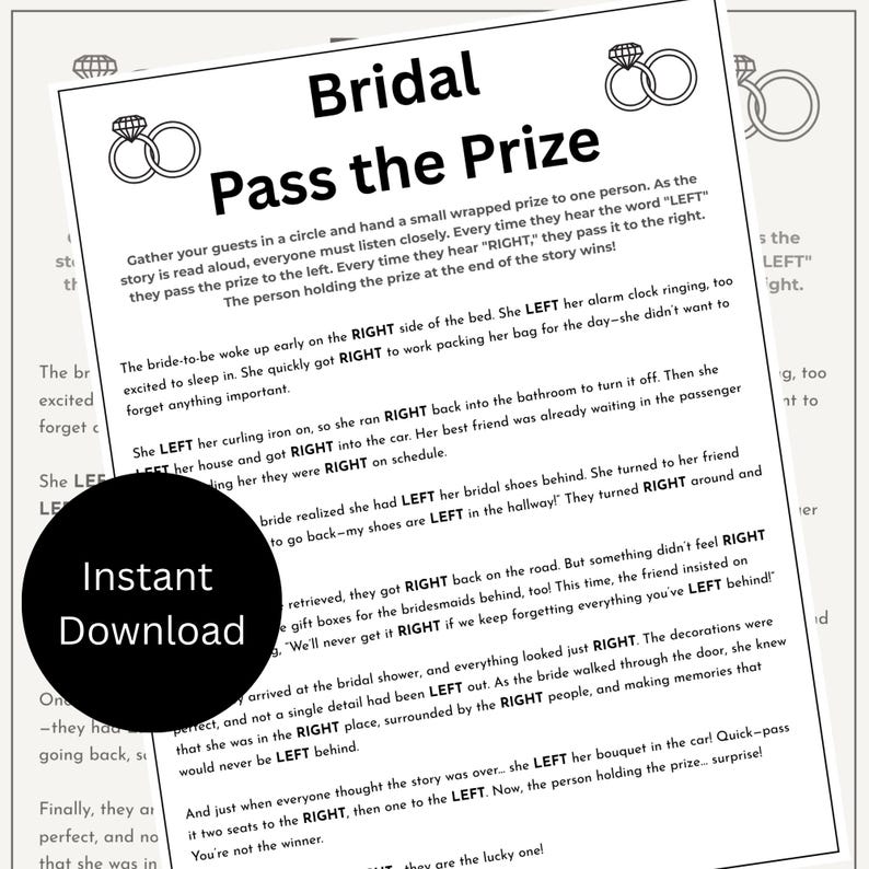 Bridal Shower Game: Pass the Prize Left Right Icebreaker (PDF Download ...