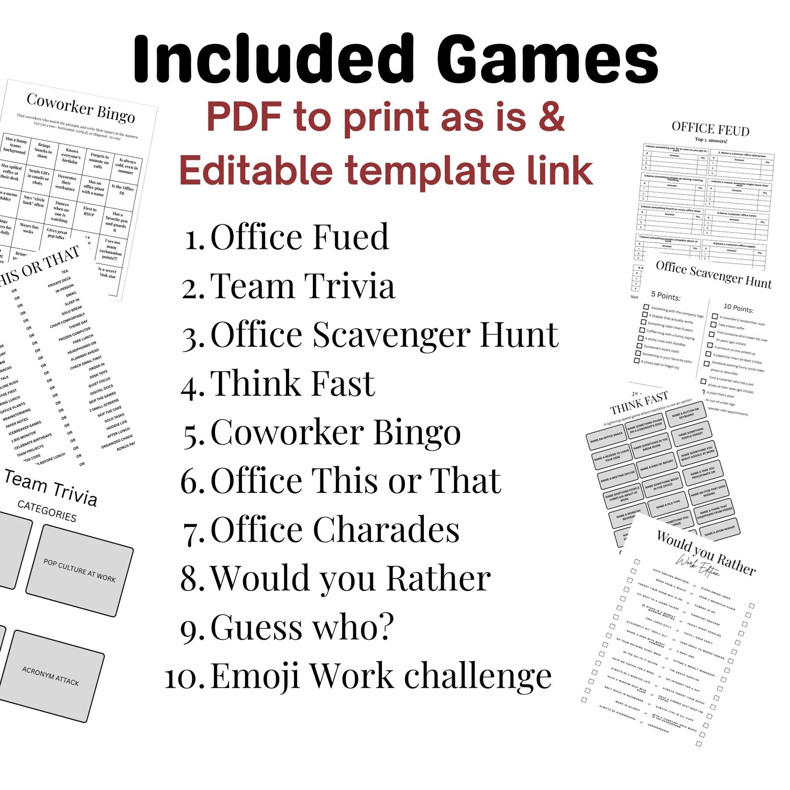 Work Party Games Bundle 10 Printable Office Icebreakers for Team ...