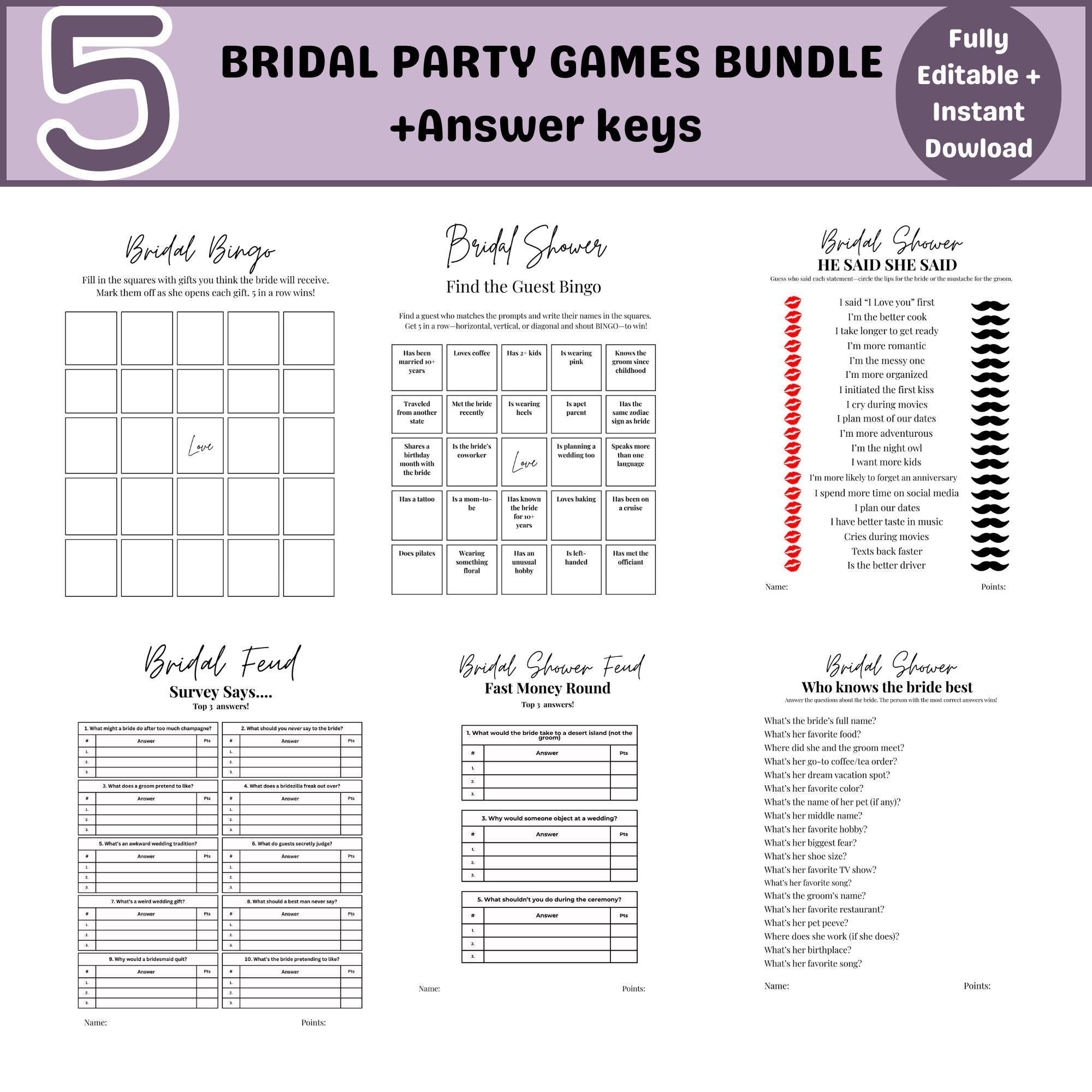 Bridal Shower Game Bundle: 5 Printable Bridal Party Games (digital ...