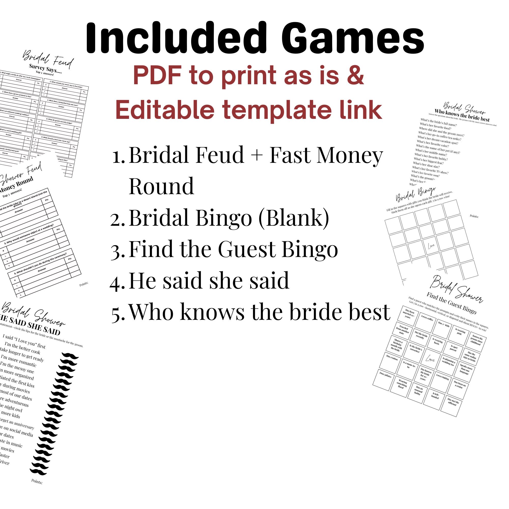 Bridal Shower Game Bundle: 5 Printable Bridal Party Games (digital ...