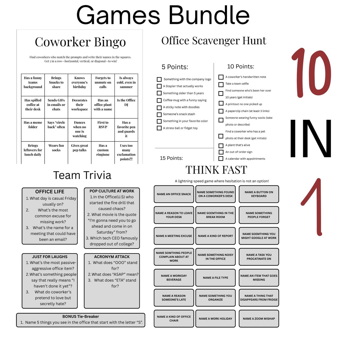 Work Party Games Bundle 10 Printable Office Icebreakers for Team ...