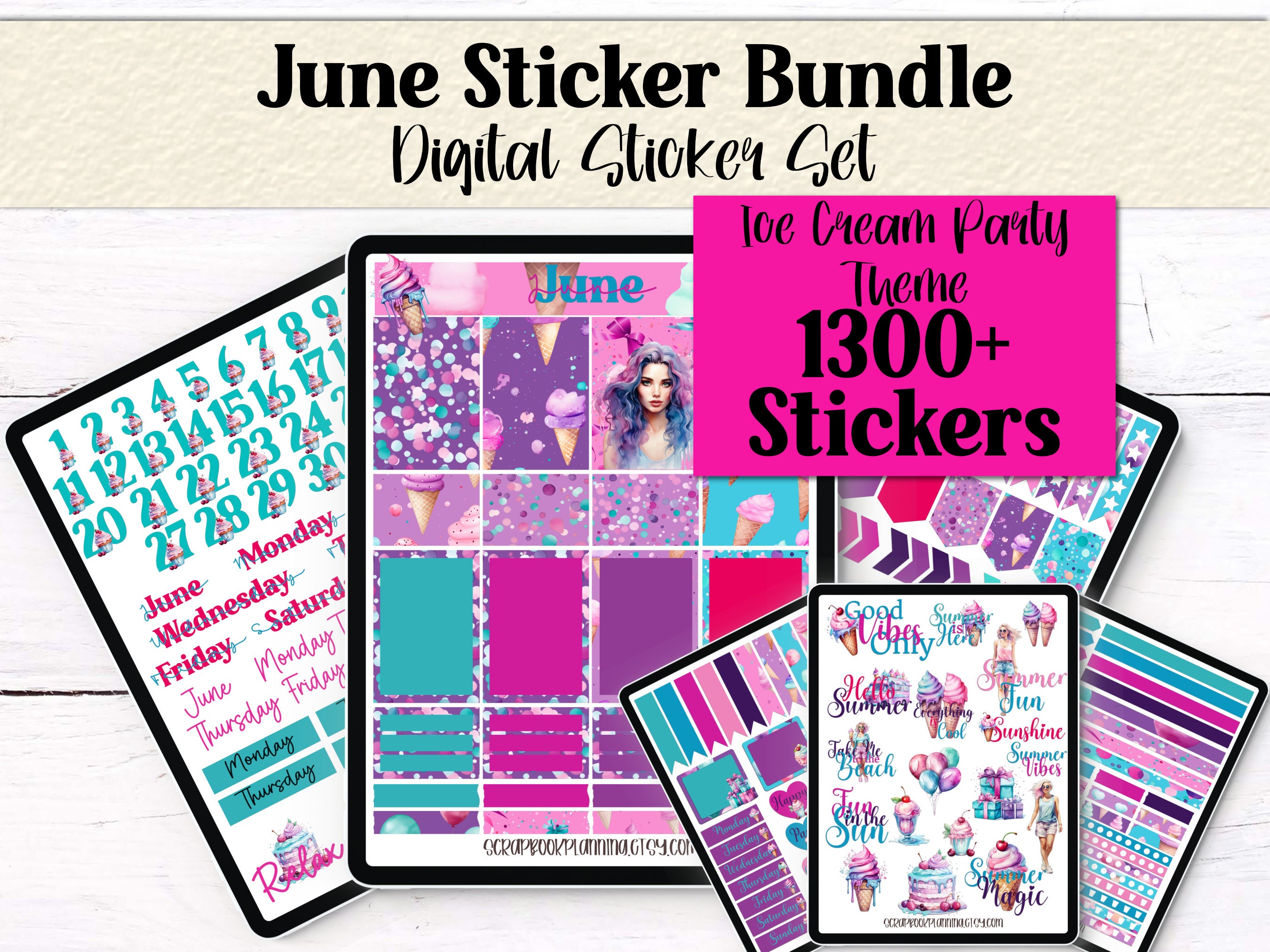 June Digital Stickers Ice Cream Party Theme Spring Stickers Functional ...