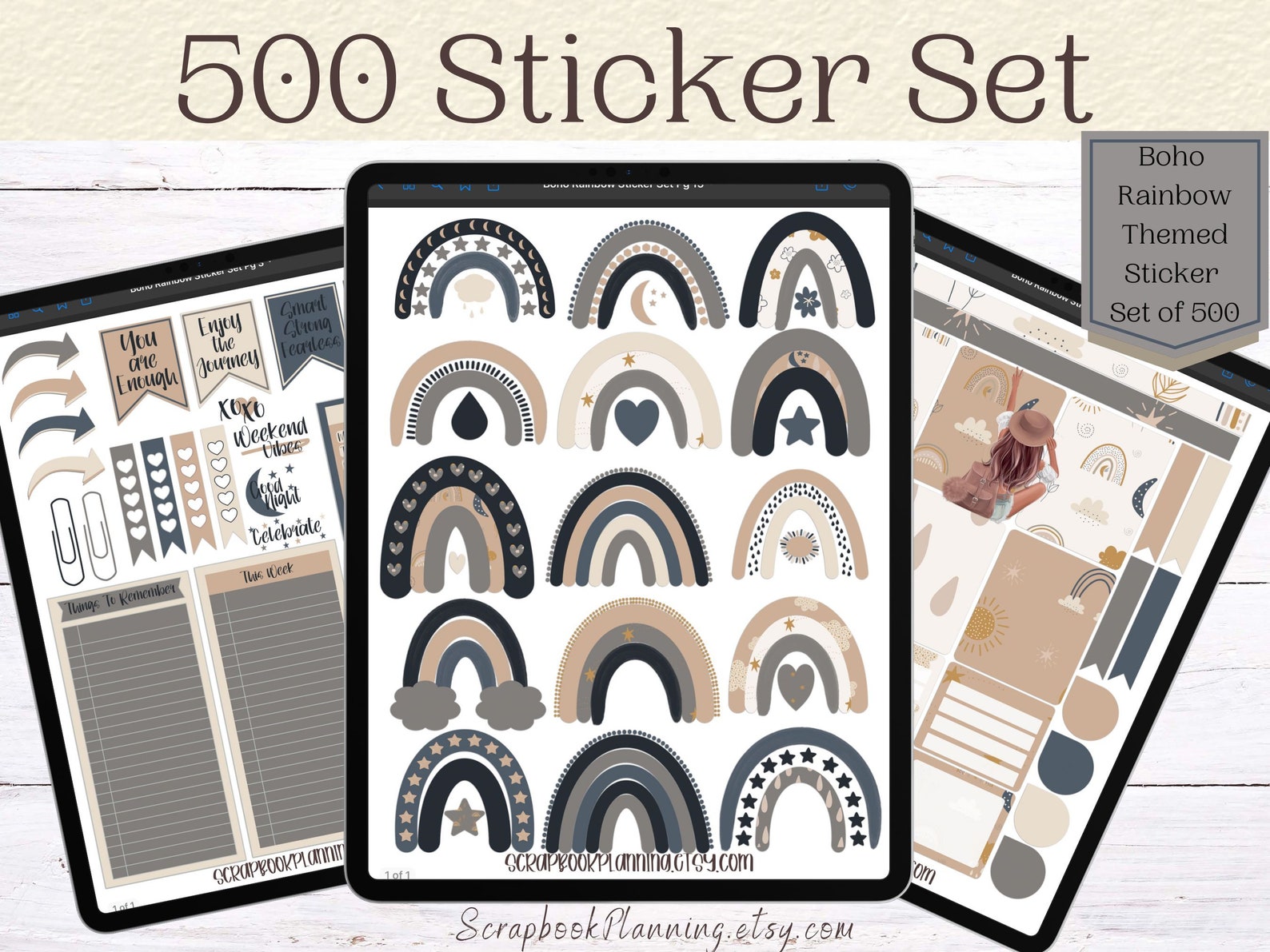 500 Digital Sticker Set Boho Rainbow Blue and Tan Theme - Etsy