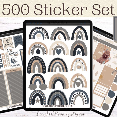 500 Digital Sticker Set Boho Rainbow Blue and Tan Theme - Etsy