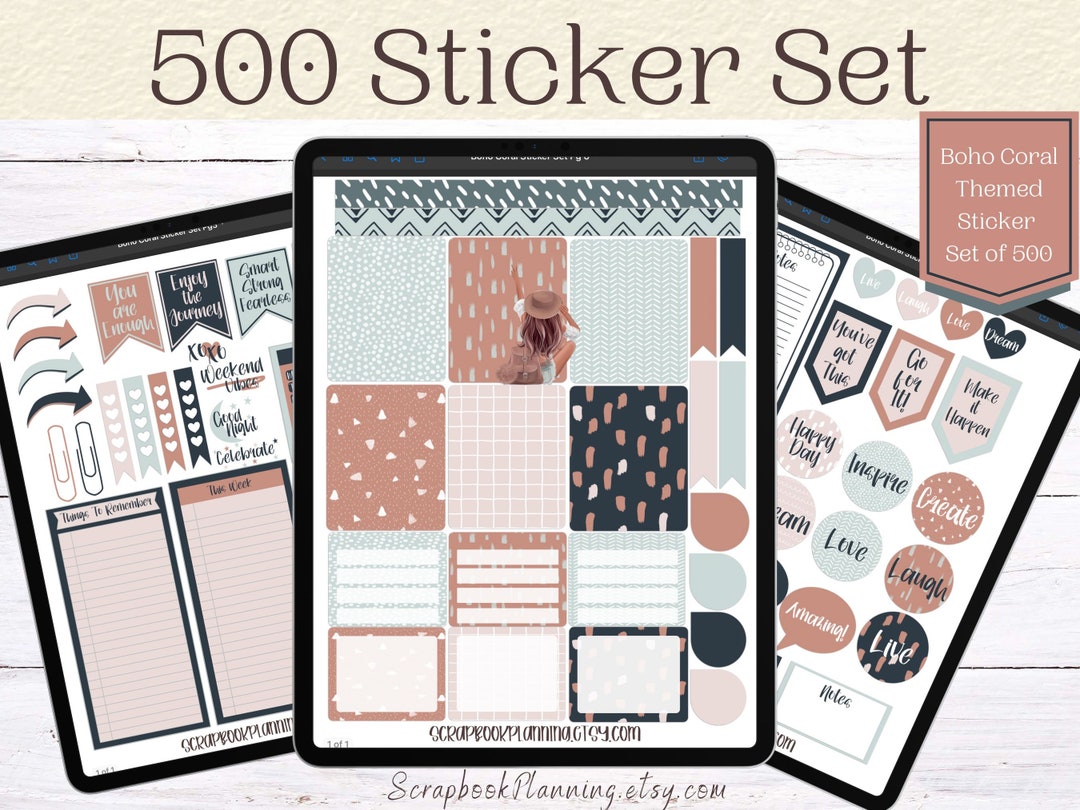 Digital Sticker Set | Boho Coral & Navy Planner Stickers | 500 Ipad 