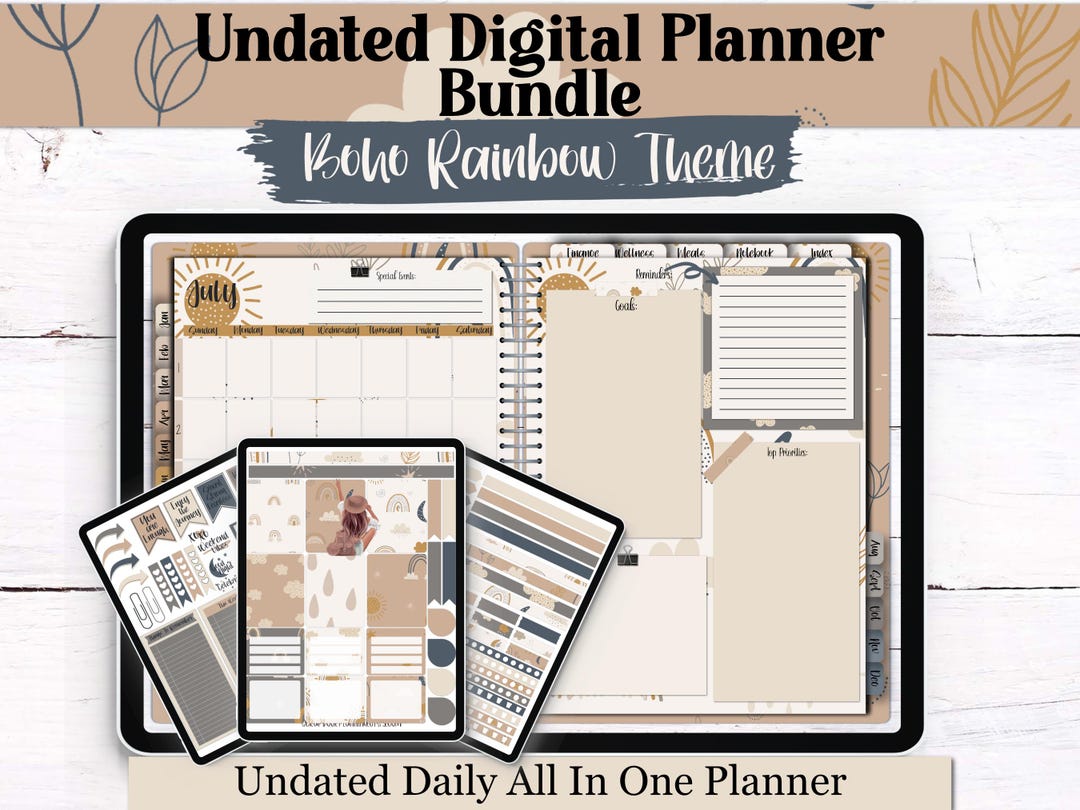 Boho Rainbow Digital Planner Bundle | Undated All-in-one Planner | 1000 ...