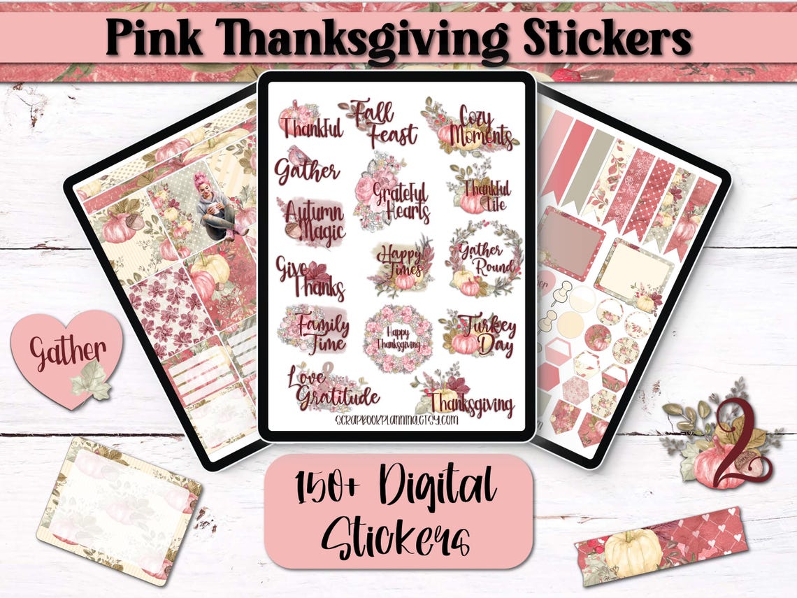 Pink Thanksgiving Digital Sticker Pack | 150+ Fall Planner Stickers ...