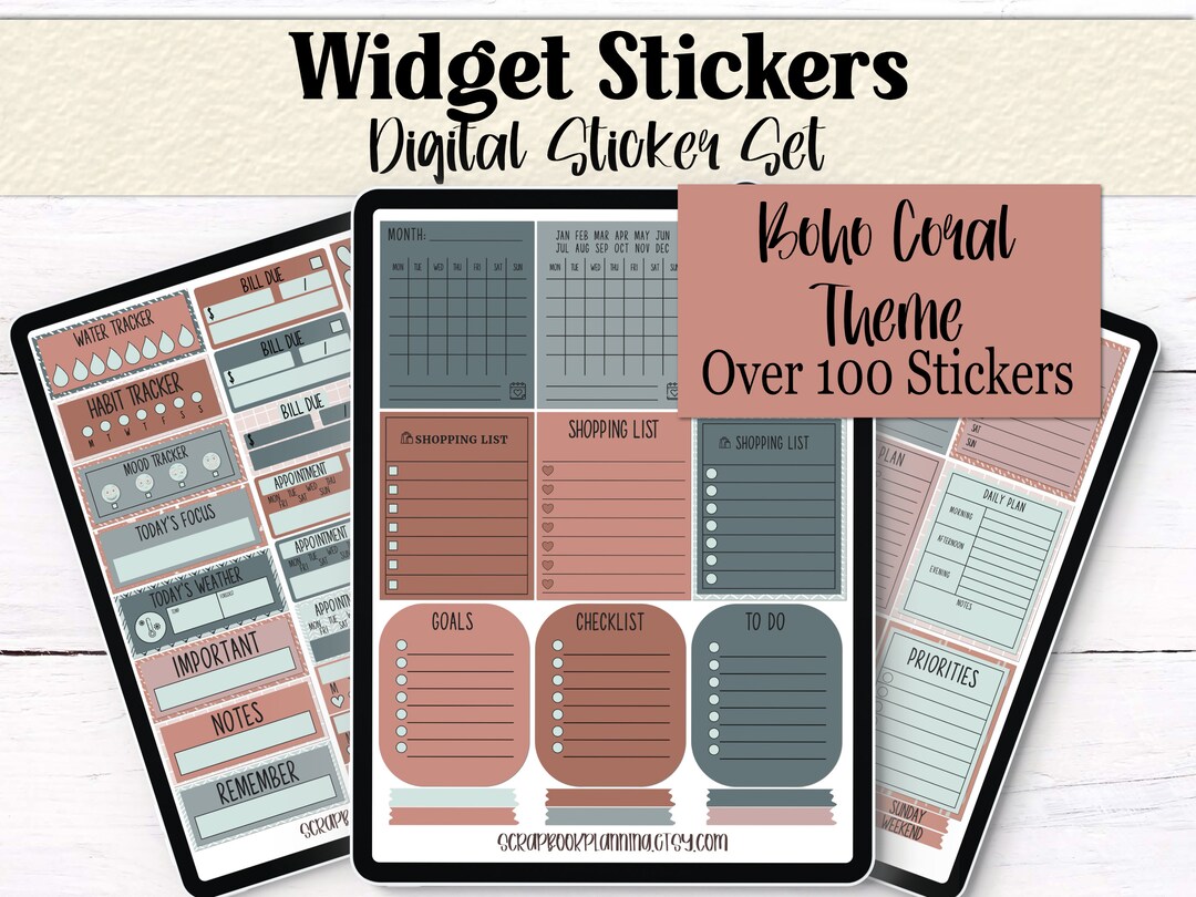 Boho Coral Widget Stickers | 100+ Digital Planner Stickers | Goodnotes ...