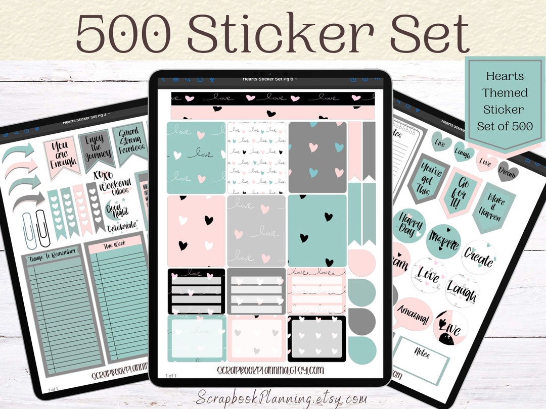 500 Digital Sticker Set | Hearts Theme Planner Stickers | 500 Pastel ...