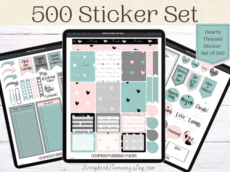500 Digital Sticker Set | Hearts Theme Planner Stickers | 500 Pastel ...