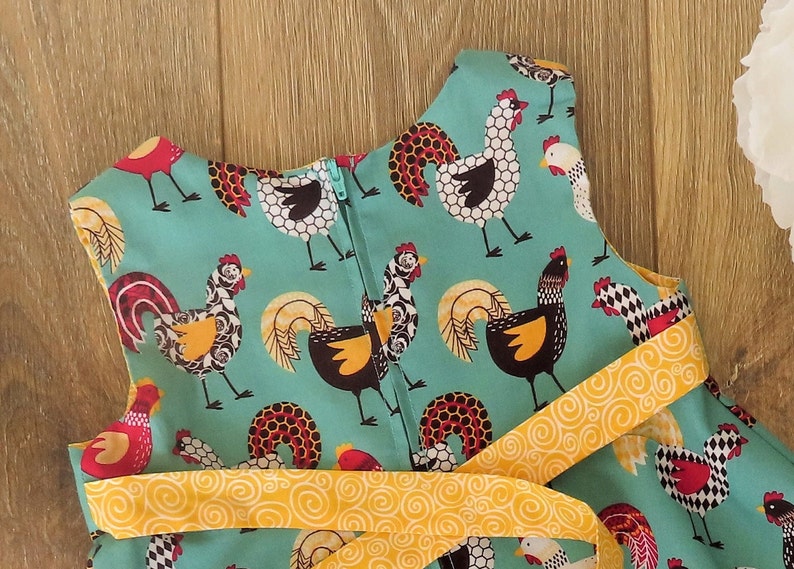 Girls Teal Rooster Dress | Farm A-line Cotton Dress, Size 3T - Etsy