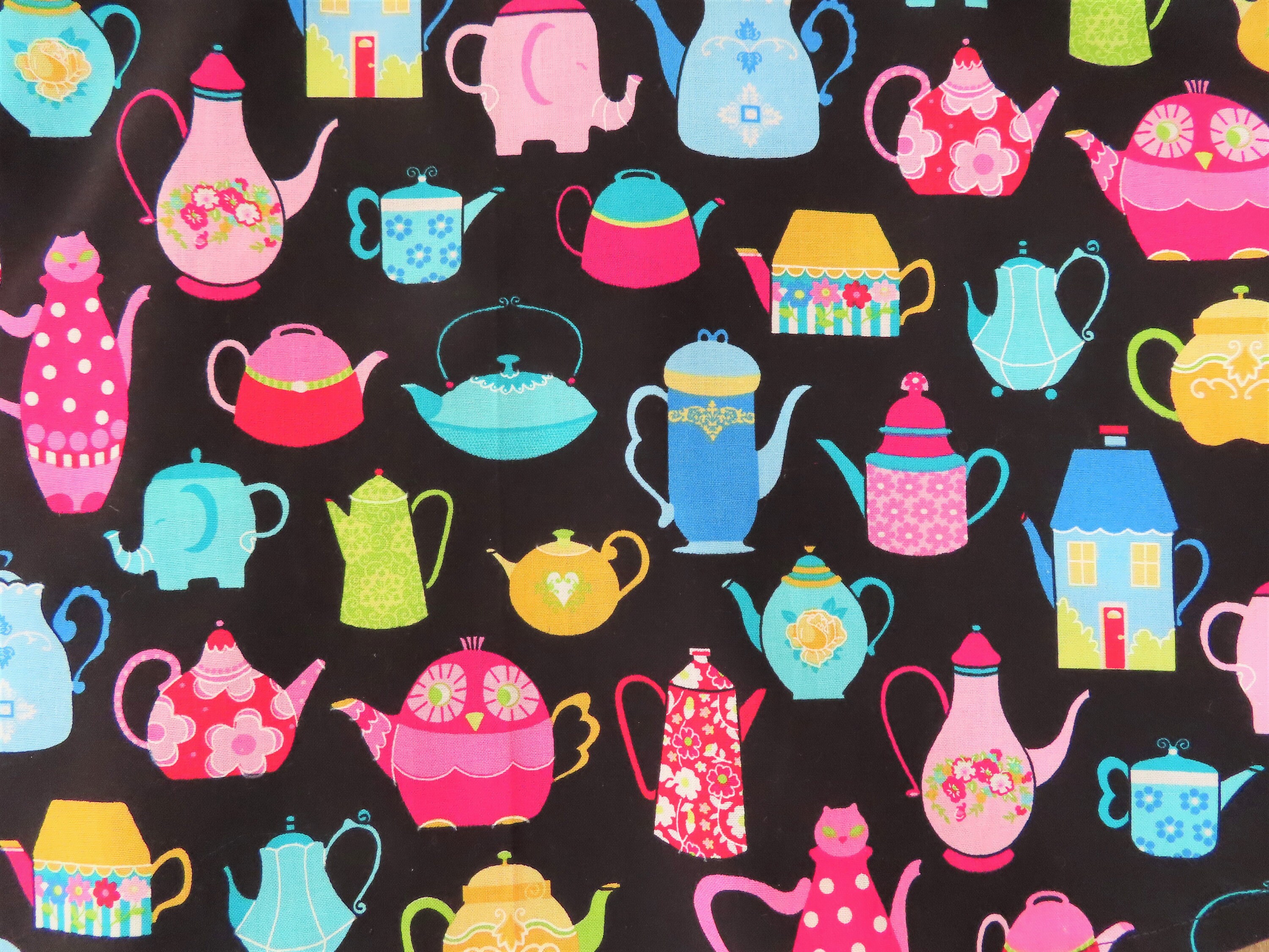 Tea Party Dress | Bright Teapots on Black Cotton, Pink Sash | Ready to ...