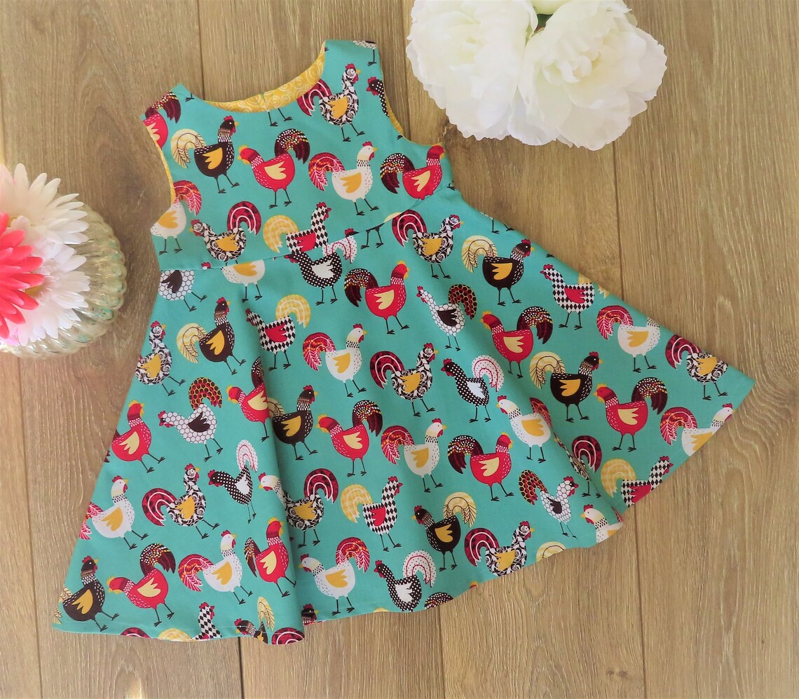 Girls Teal Rooster Dress | Farm A-line Cotton Dress, Size 3T - Etsy