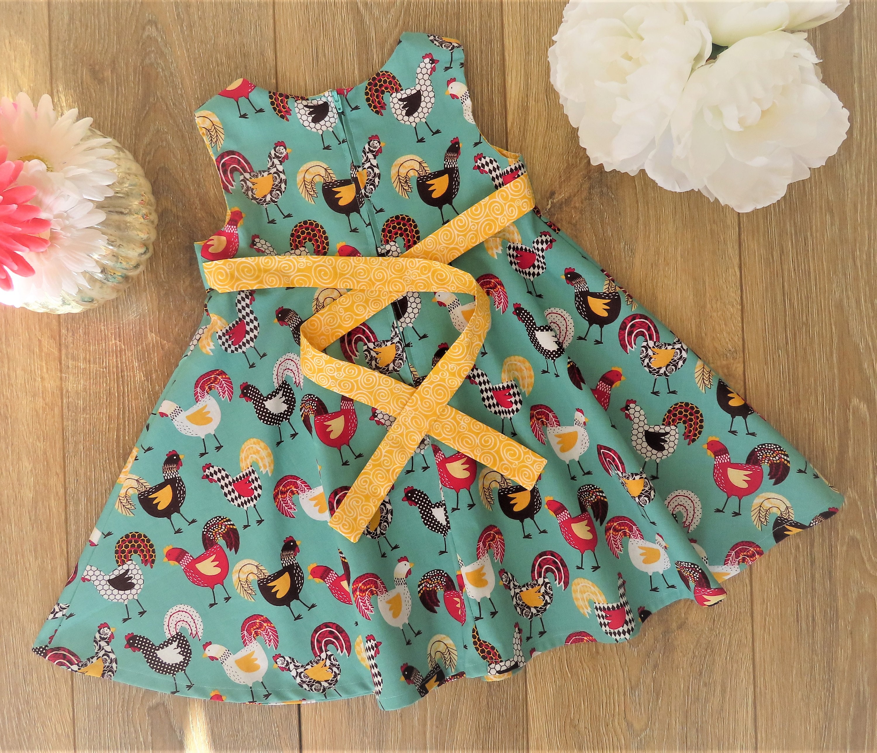 Girls Teal Rooster Dress | Farm A-line Cotton Dress, Size 3T - Etsy