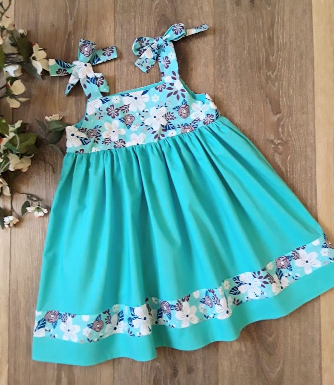 Girl's Hawaiian Dress | Turquoise Hawaiian Flowered Tie-shoulder Summer ...