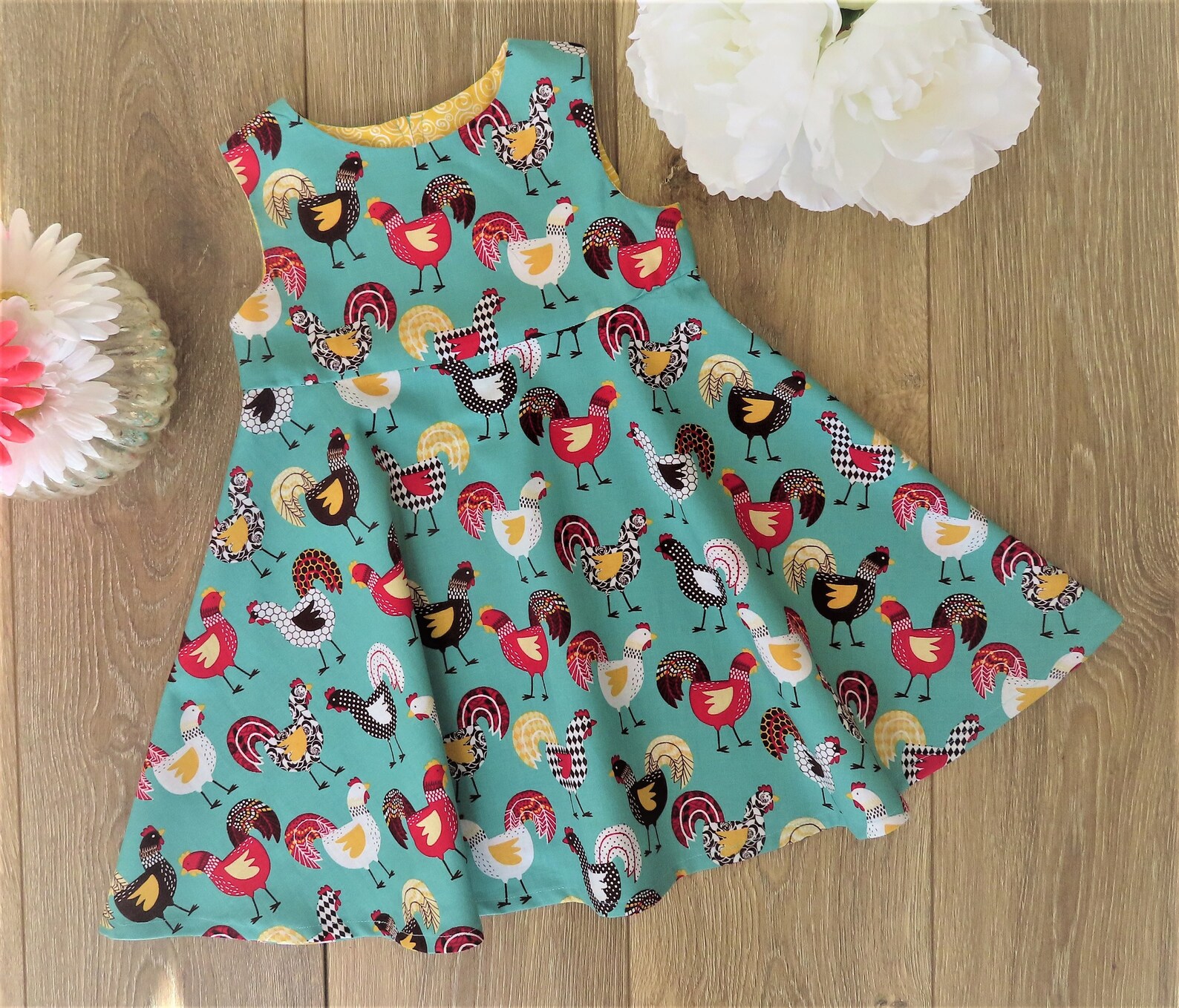 Girls Teal Rooster Dress | Farm A-line Cotton Dress, Size 3T - Etsy