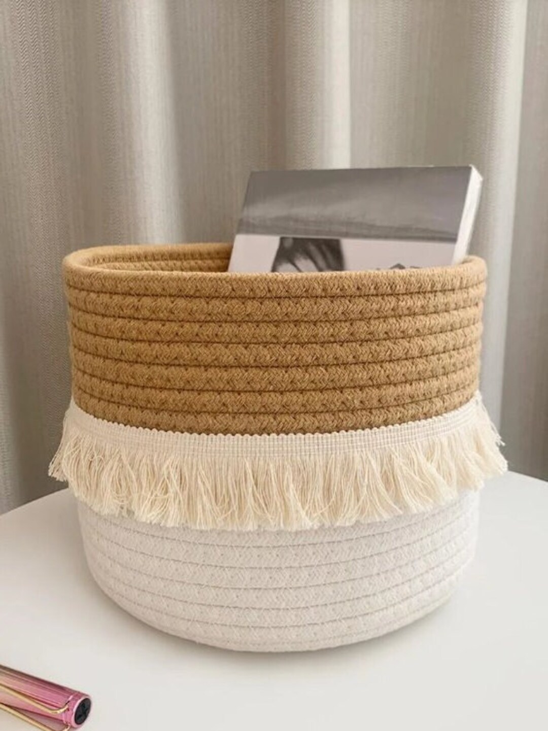 Two-tone Storage Basket With Fringed Trim, Desk - Etsy