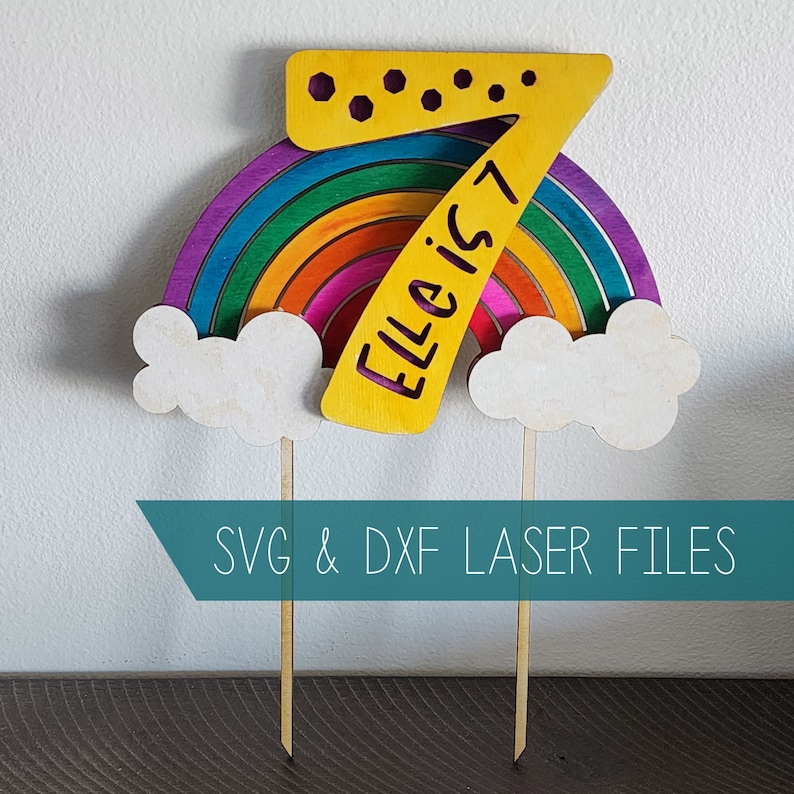 7th Birthday Cake Topper // Laser Cut File // Rainbow and Clouds ...