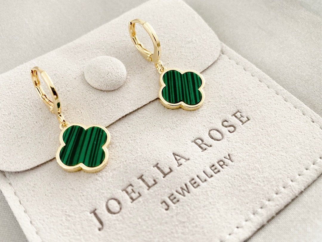 14K Gold Clover Earrings, Delicate Clover Earrings, Malachite, Lucky ...