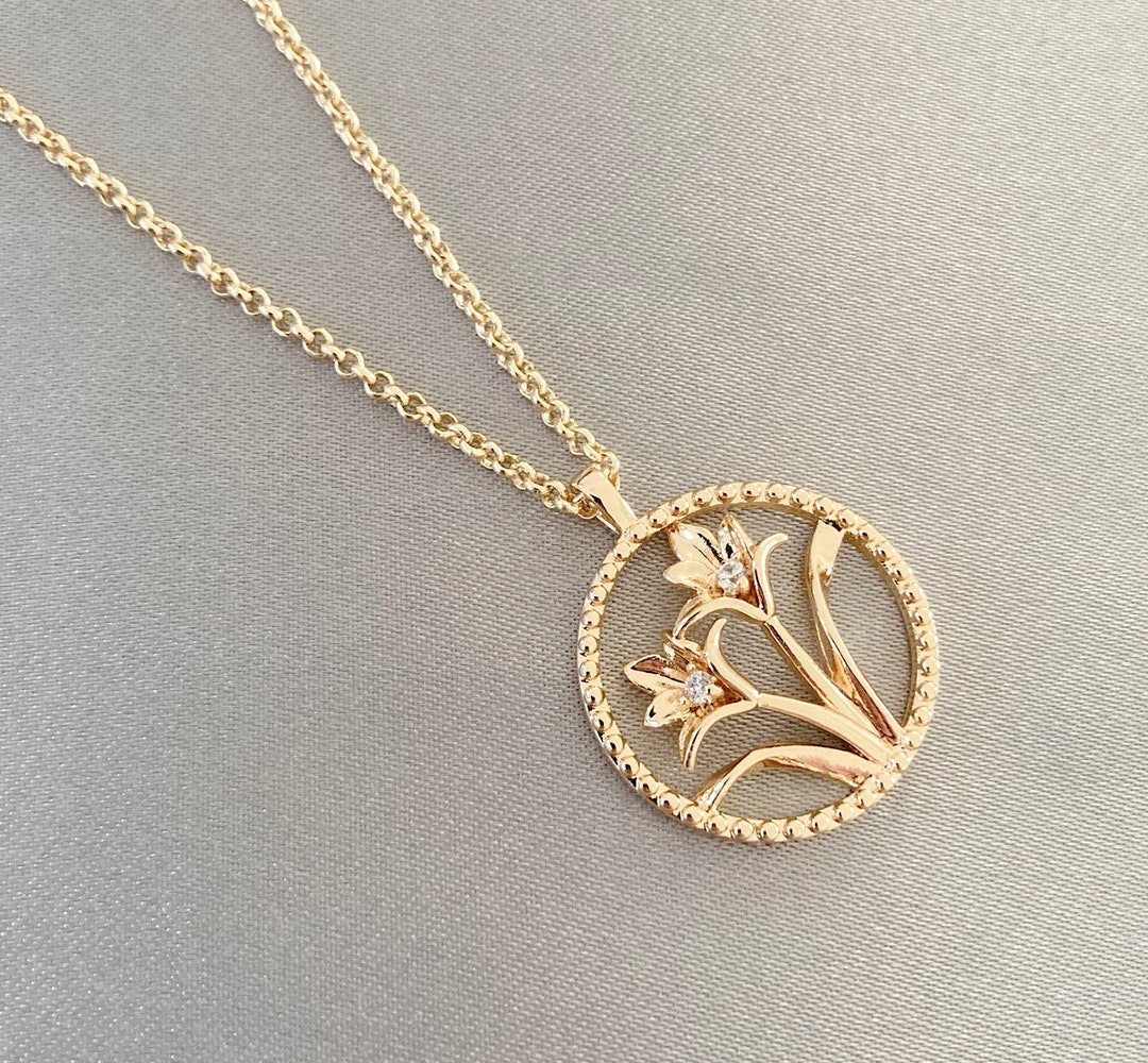 14K Gold Flower Pendant, Gold Filled Chain, Cubic Zirconia Spring ...