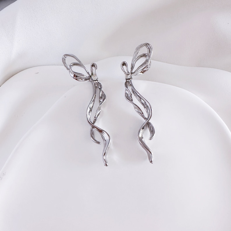 Silver Big Half Bow Dangle Earrings, Large Ribbon Drop Earrings ...