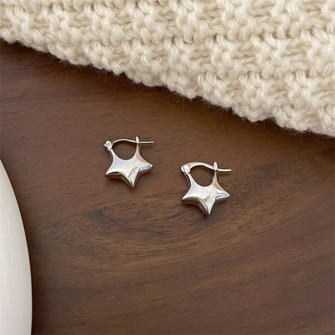 Silver Star Shape Small Hoop Earrings, Star Huggie Earrings, Small Star Hoop Earrings, Star Hoop ...