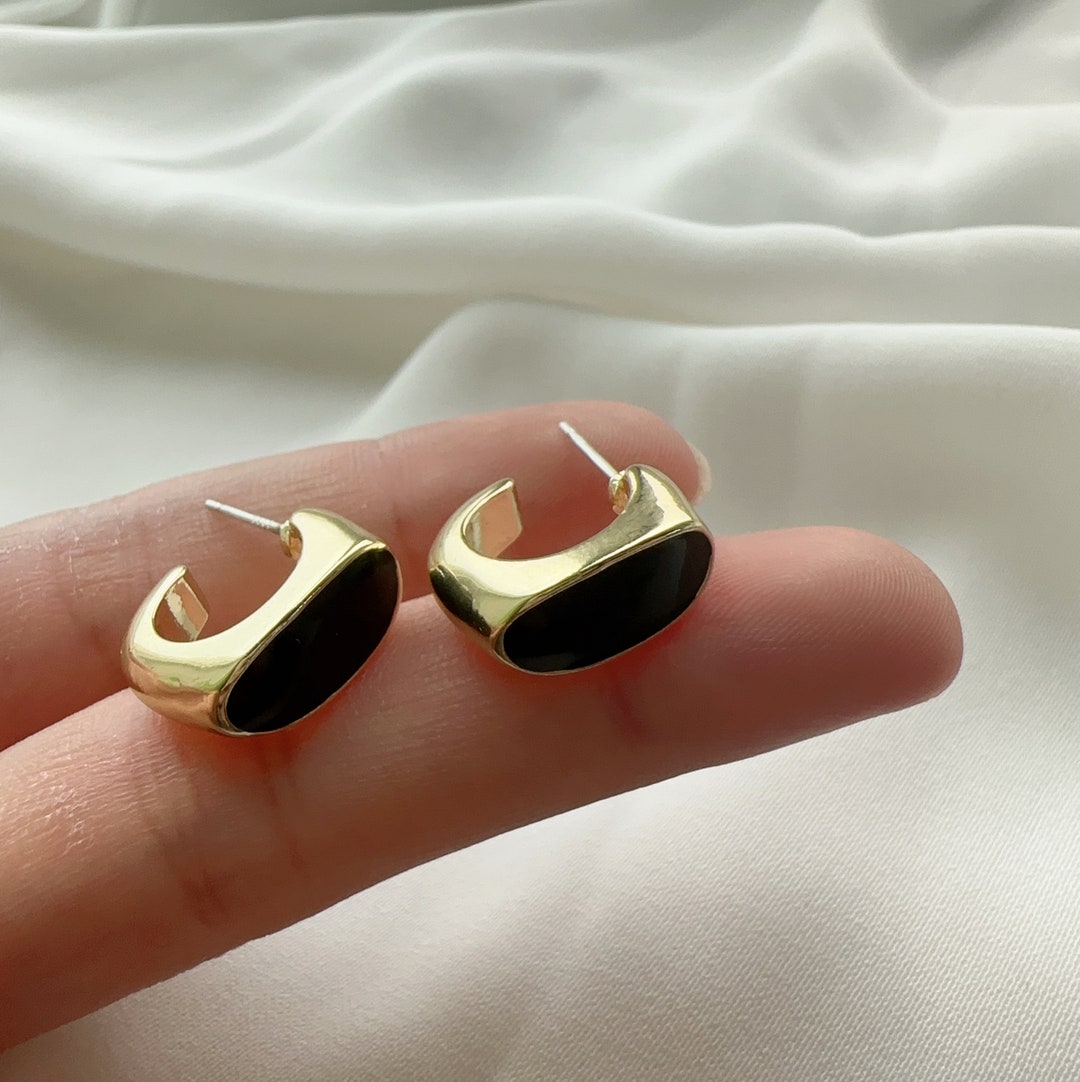 Gold Black Onyx Open Hoop Earrings, Black Chunky Hoops Earrings, Black ...