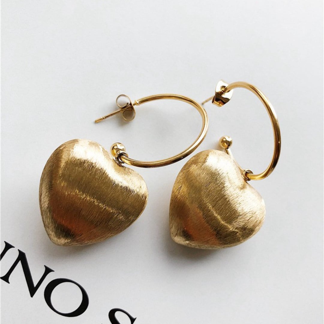 Brushed Gold Chunky Heart Hoop Earrings Heart Hoops Puff - Etsy