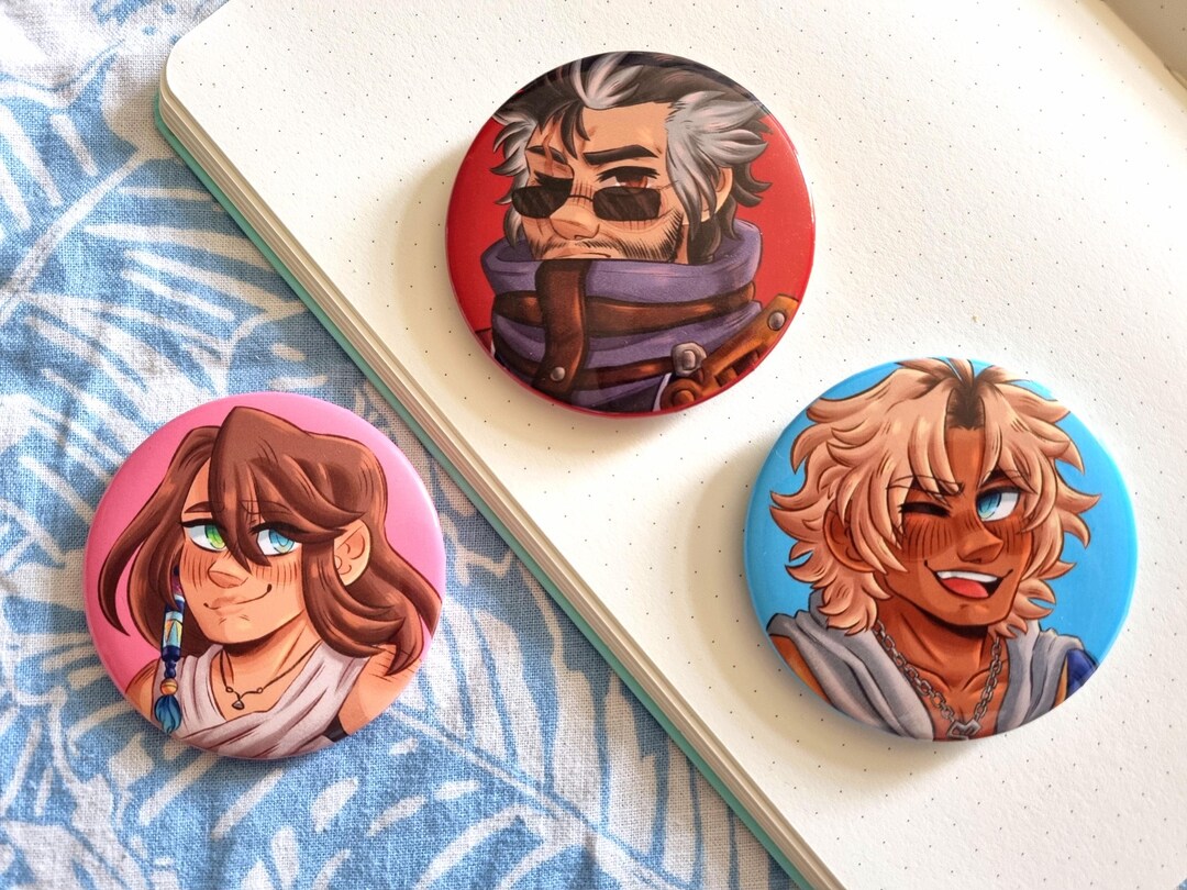 Final Fantasy X - Character Pin Badges + Stickers - Auron, Tidus, Yuna ...
