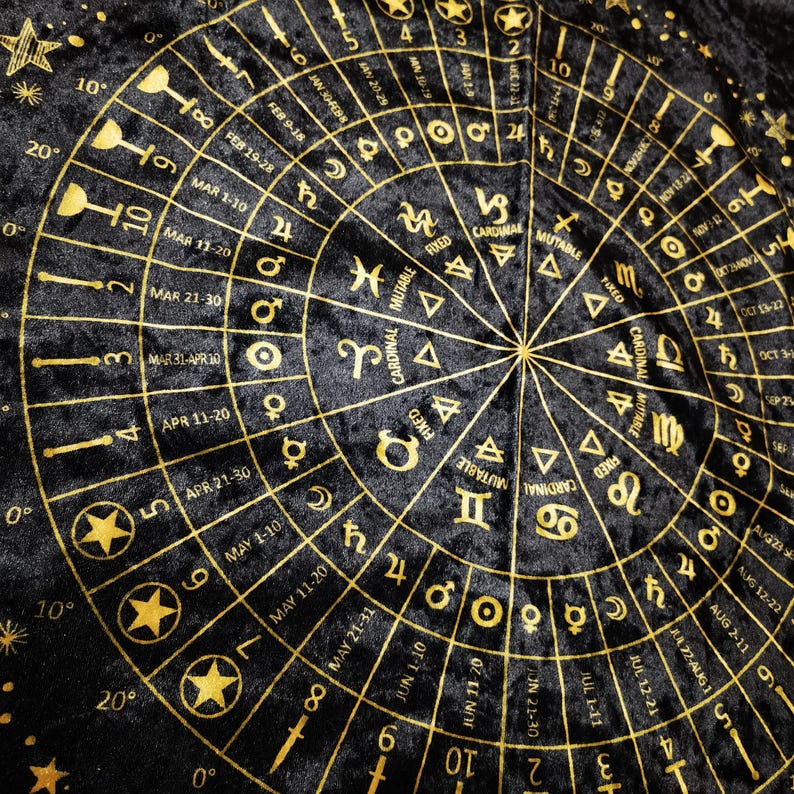 Star Wheel Reading Cloth Silver and Gold Screen Printed Astrological ...