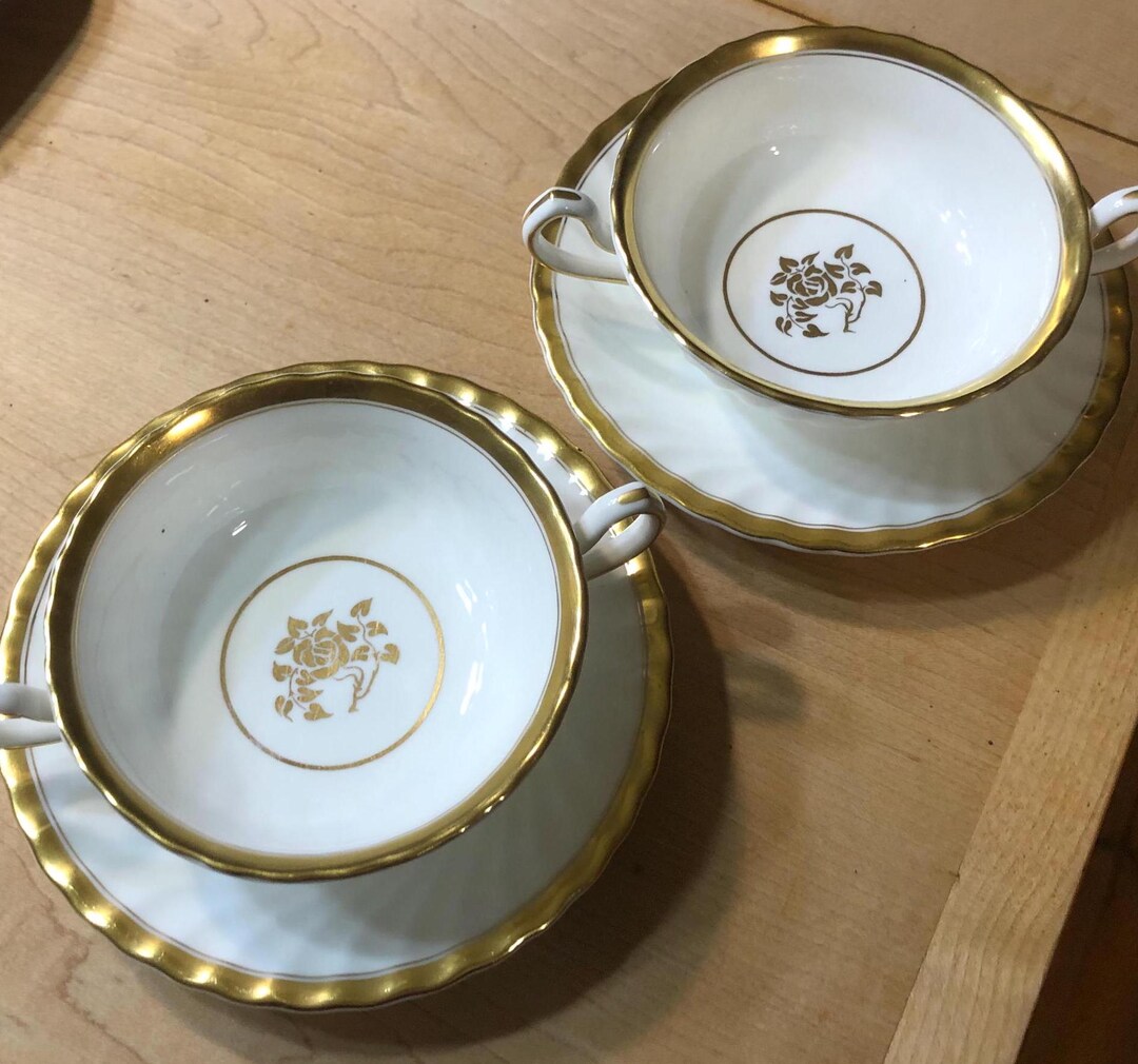 Minton 1793, Gold Rose Double Handled Cream/consommé Soup Bowls With ...