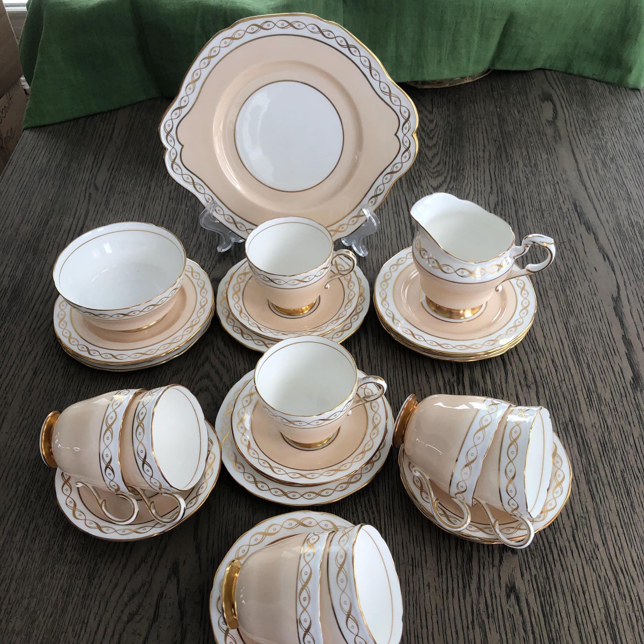 Vintage Paragon Tea Set for 8, Peachy Pink Hues on White With Hand ...