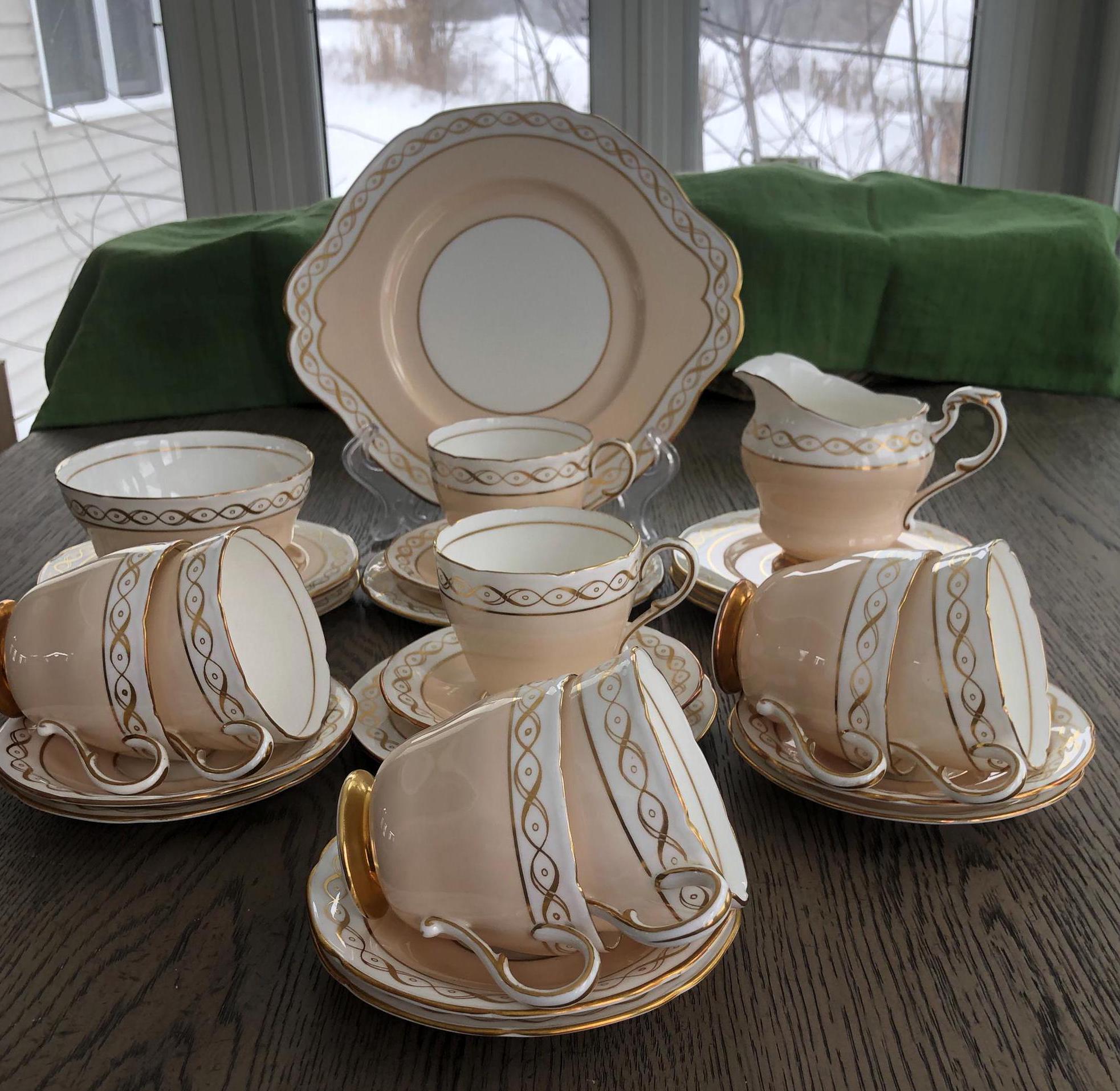 Vintage Paragon Tea Set for 8, Peachy Pink Hues on White With Hand ...