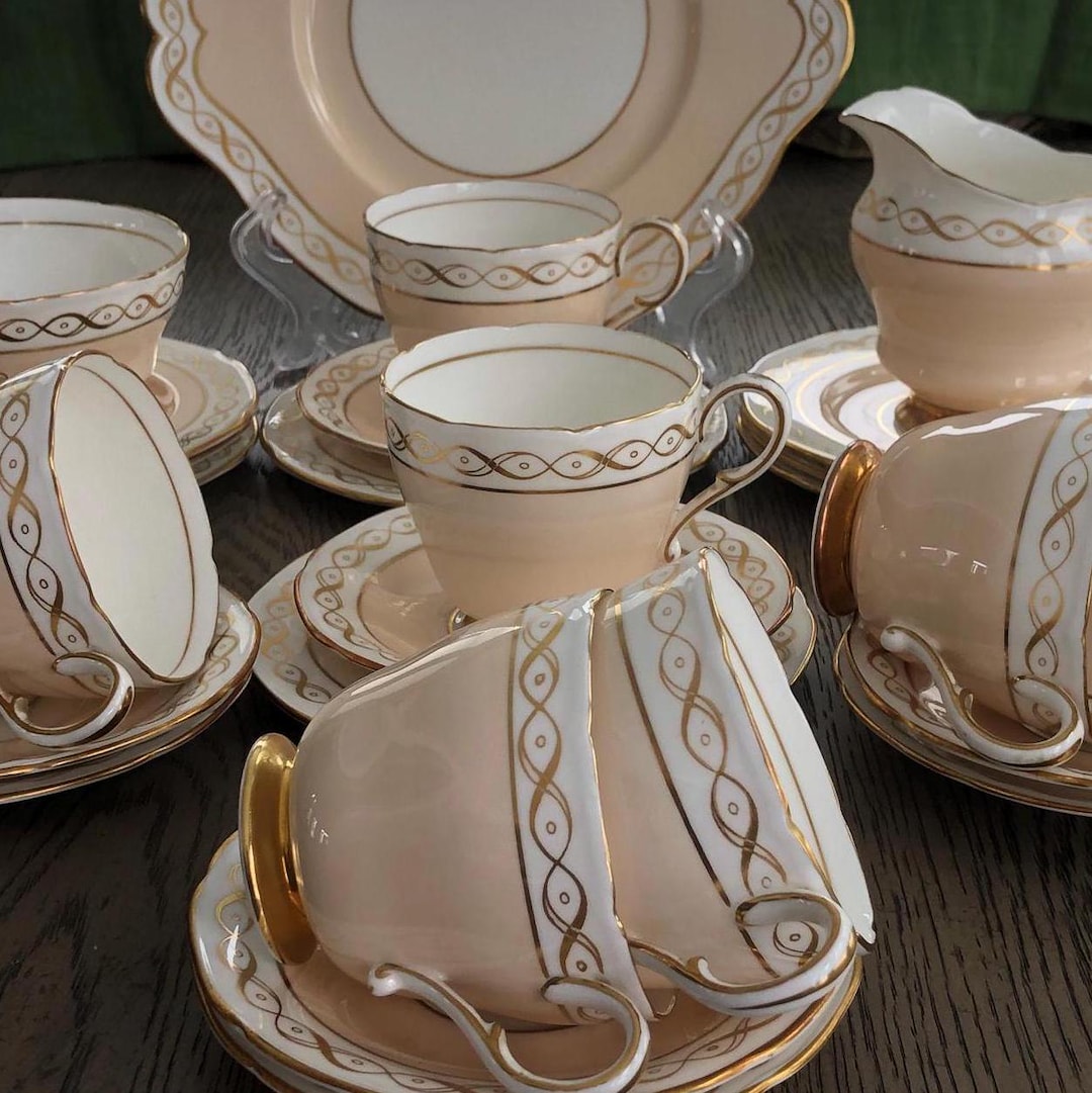 Vintage Paragon Tea Set for 8, Peachy Pink Hues on White With Hand ...
