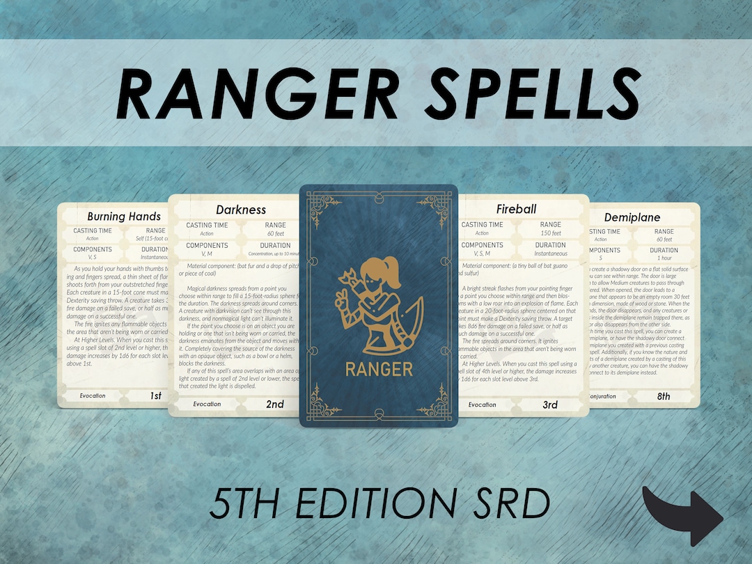 Dnd Ranger Spell Cards: Dungeons and Dragons 5e (printable) - Etsy