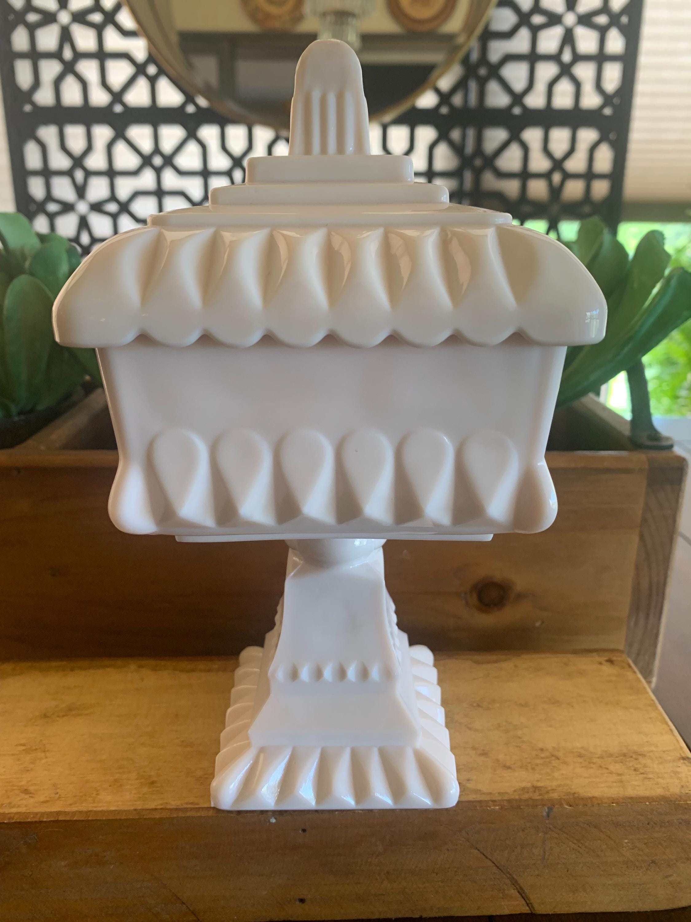 VINTAGE Kemple Square Pink Milk Glass Pedestal Compote W/ Lid - Etsy