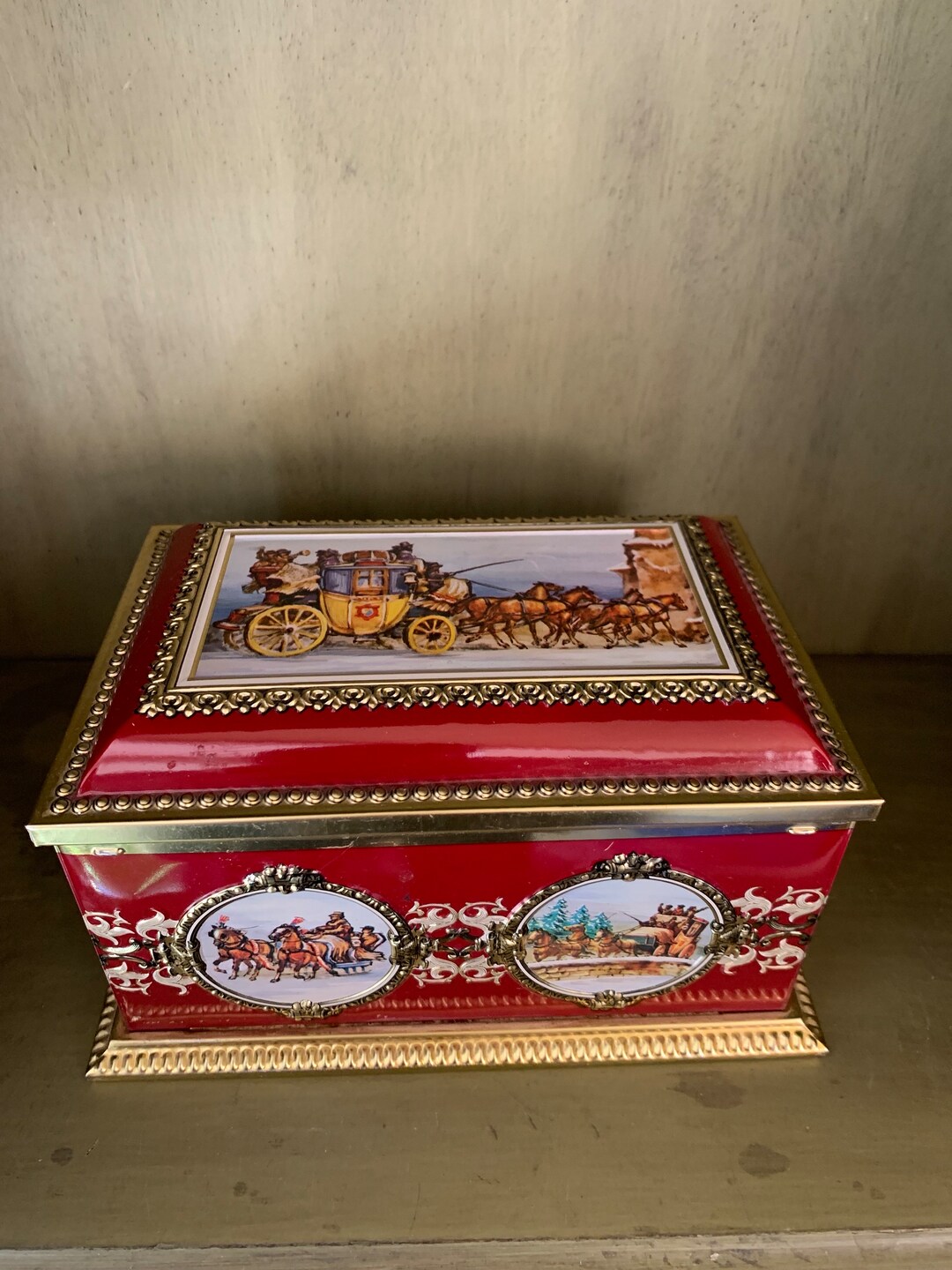 West German Tin Treasure Chest - Red and Gold Winter Scene - Etsy