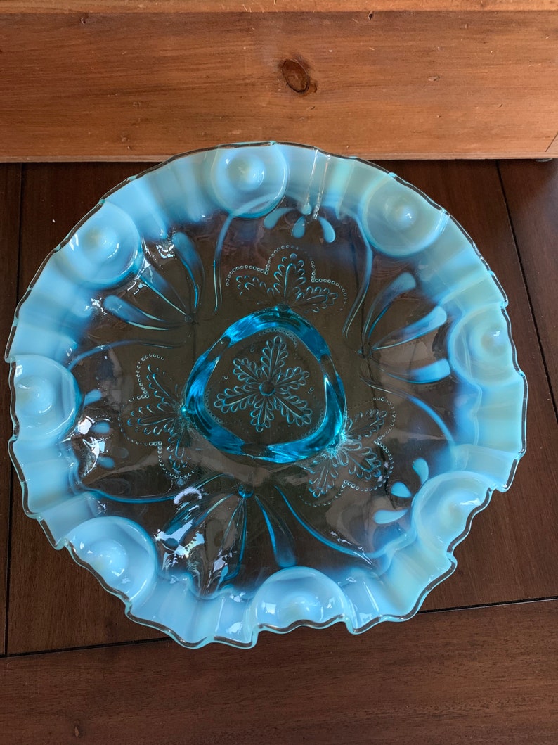 Jefferson Glass “meander” Pattern Blue Opalescent Footed Fluted Bowl - Etsy