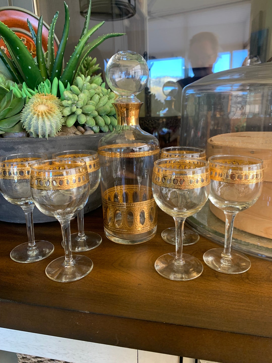 Vintage Culver Glass Antigua Decanter and 6 Wine Glass Set Mid Century ...