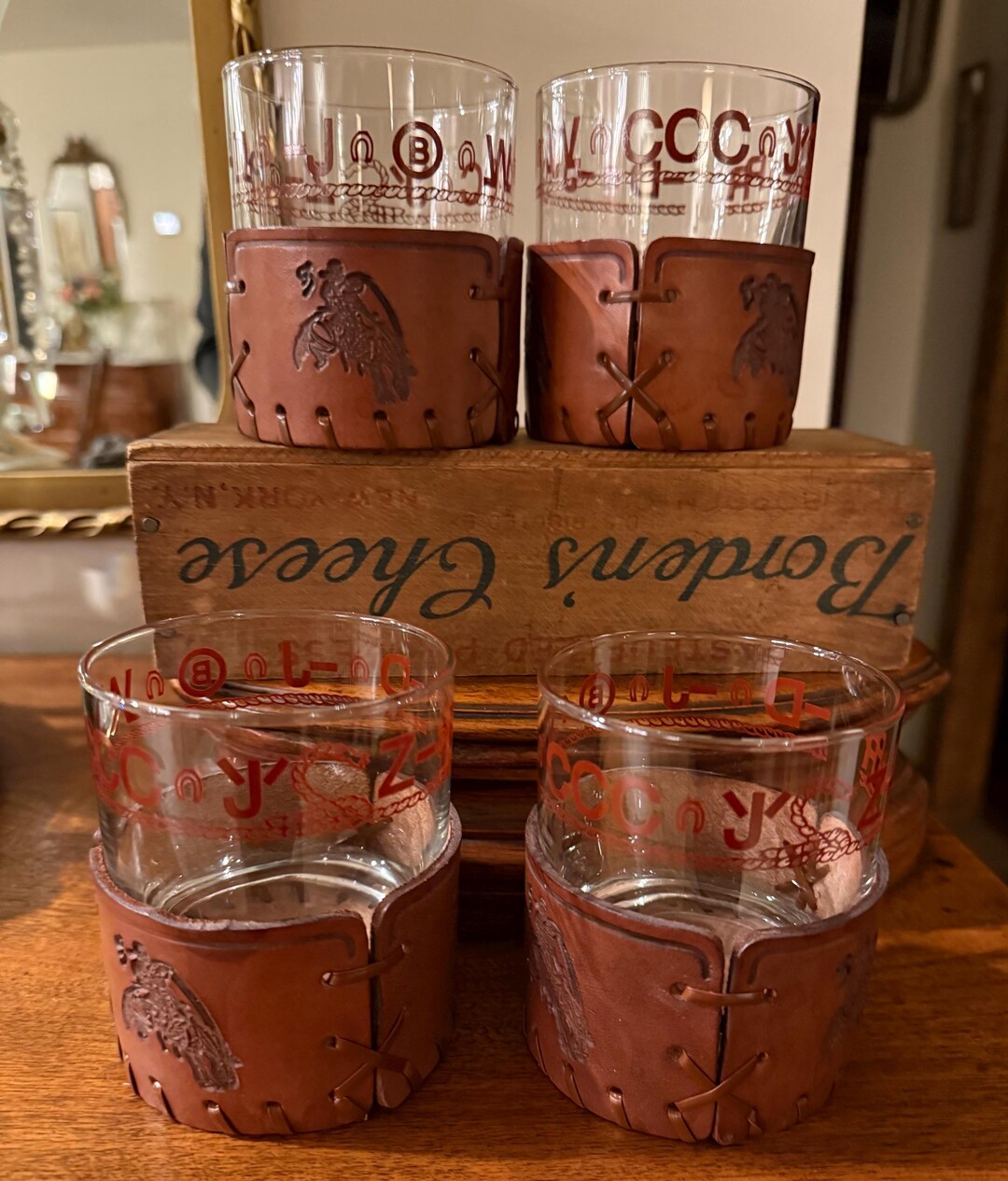 4 Vintage Libbey Bamco Western Tumblers With Tooled Leather Holder - Etsy