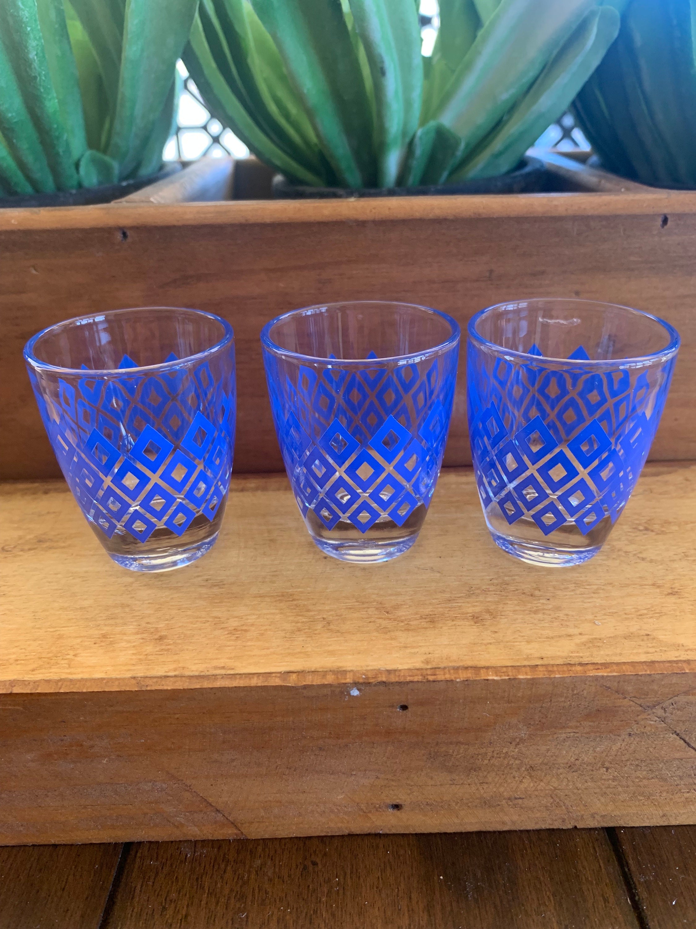 Midcentry Blue Diamond Pattern Shot Glasses Set of 3 - Etsy