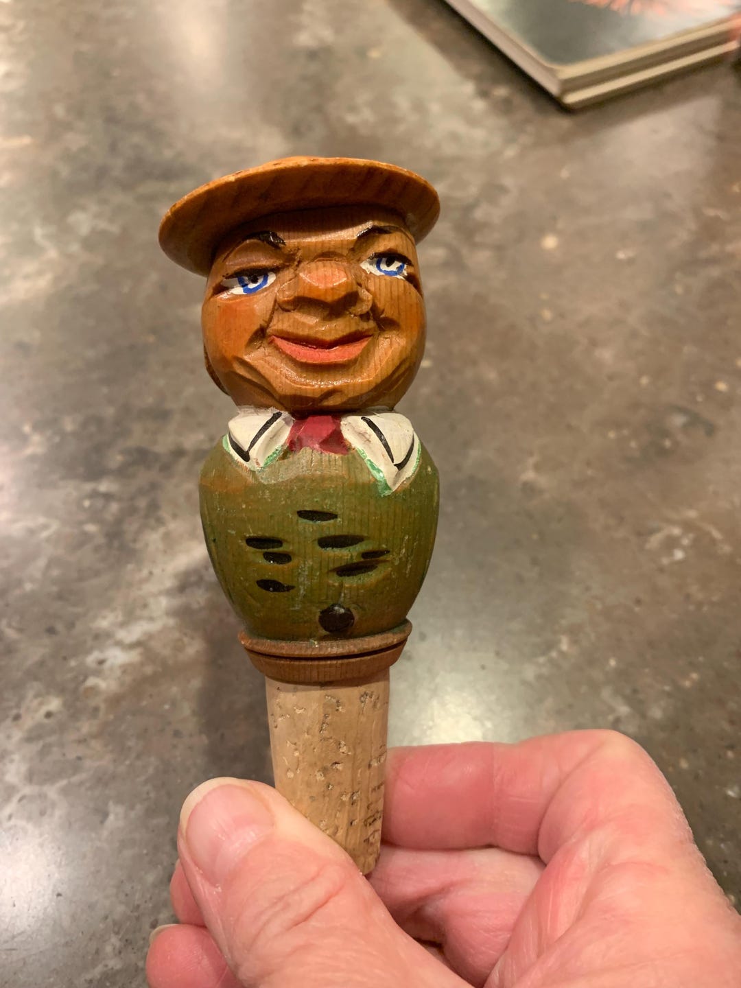 Vintage ANRI Hand Carved Wood Figural Mechanical Character Bottle ...