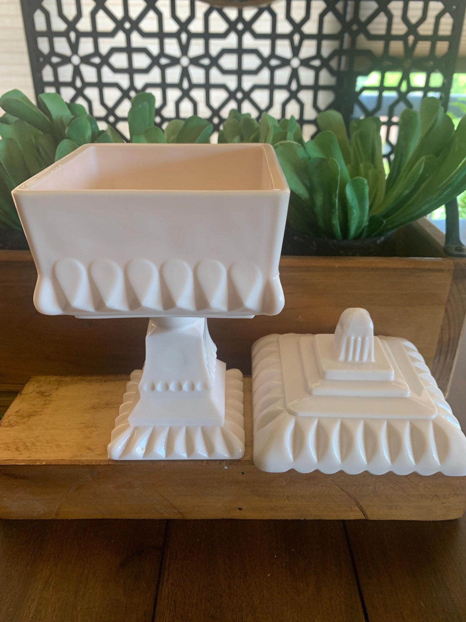 VINTAGE Kemple Square Pink Milk Glass Pedestal Compote W/ Lid - Etsy