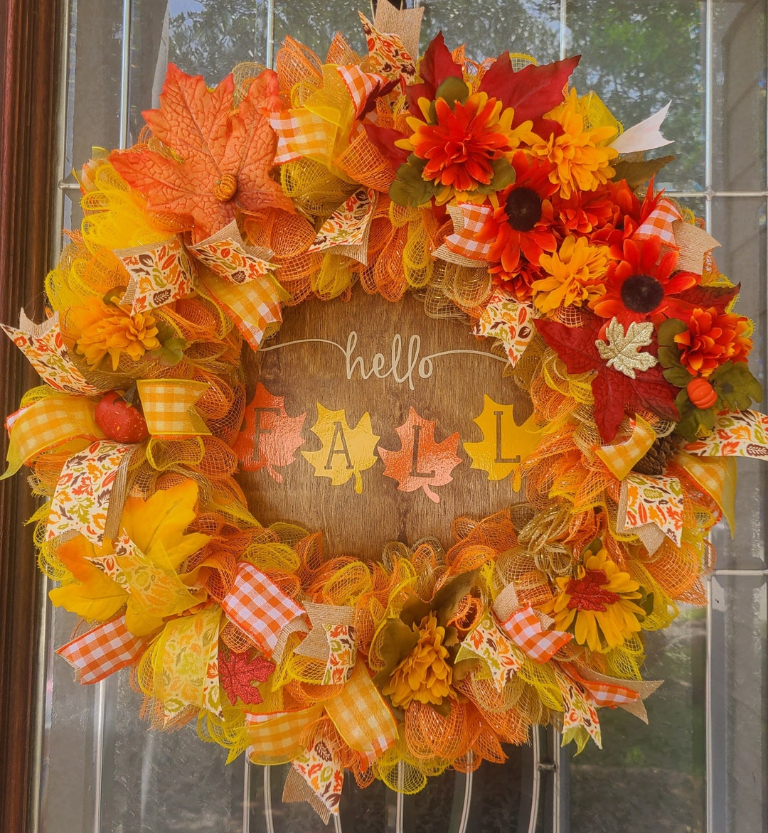 Hello Fall Thanksgiving Wreath / Deco Mesh Wreath / Autumn Front Door ...