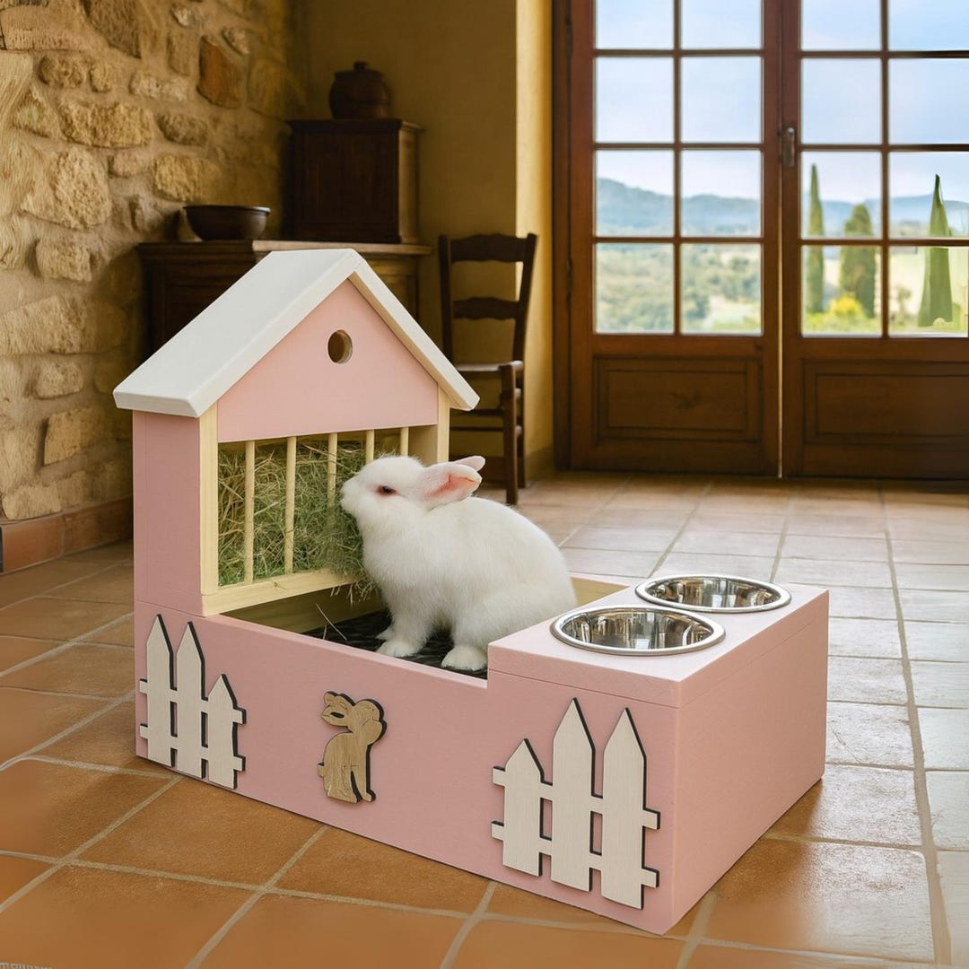 Wooden Rabbit Litter Box With Hay Feeder Personalized Bunny House. With ...