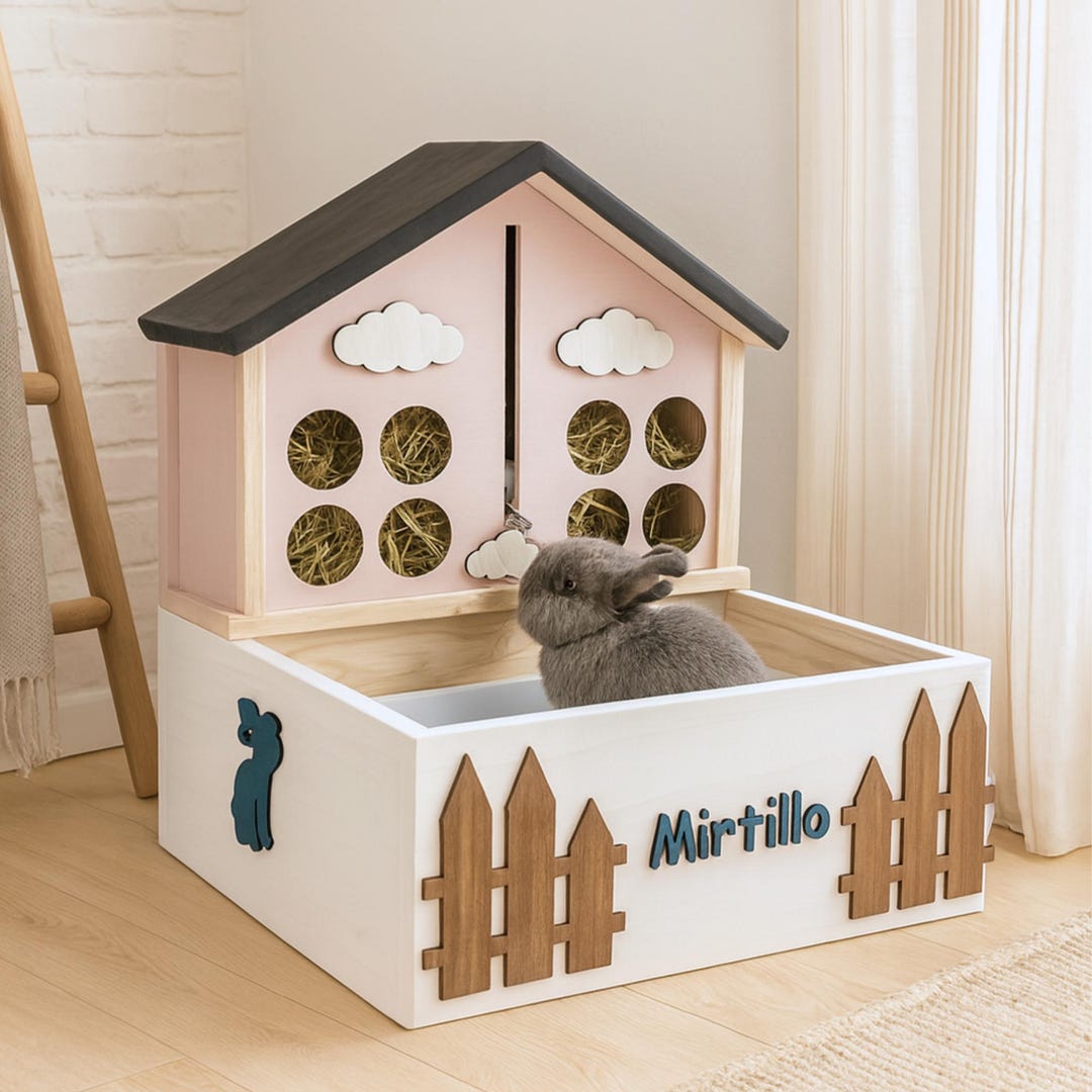 Handmade Wooden Rabbit Litter Box With Hay Rack and Water Dispenser ...