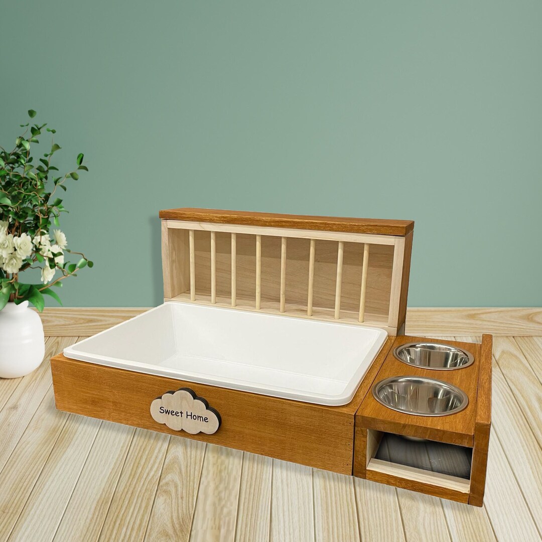 Large Wooden Rabbit Litter Tray With Hay Feeder and Bowls, Feeding ...