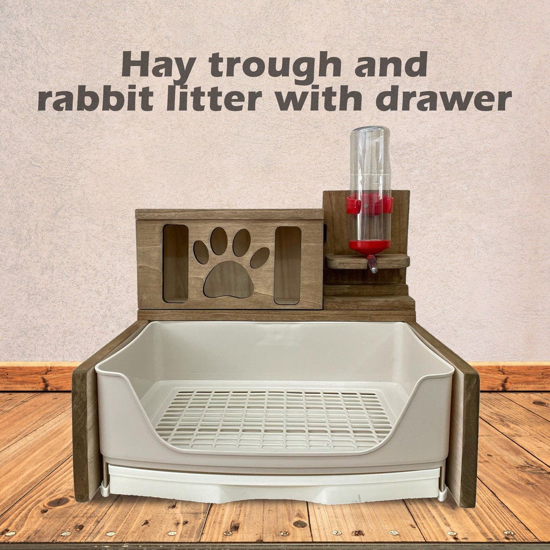Hay Feeder for Rabbits and Litter With Sliding Drawer, Grill and Water ...